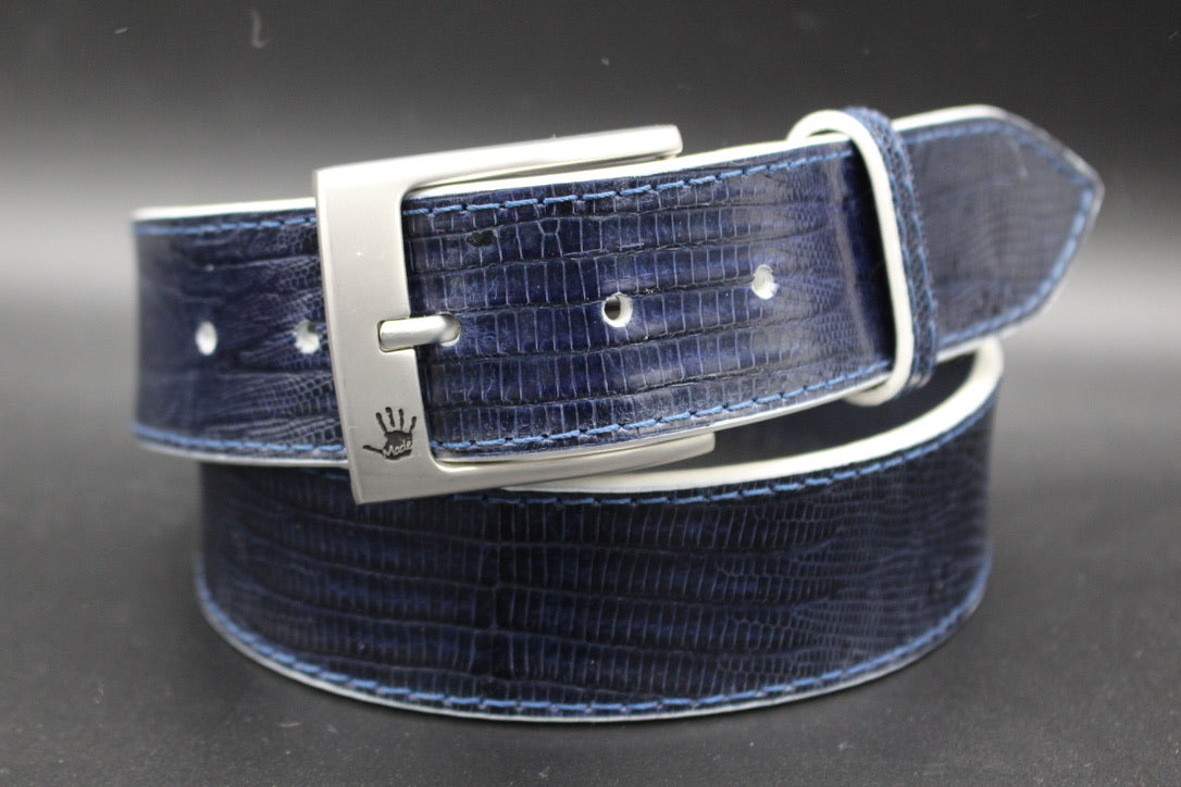 35.5" Navy Lizard Belt - White Edges – Patrick Gibbons Handmade