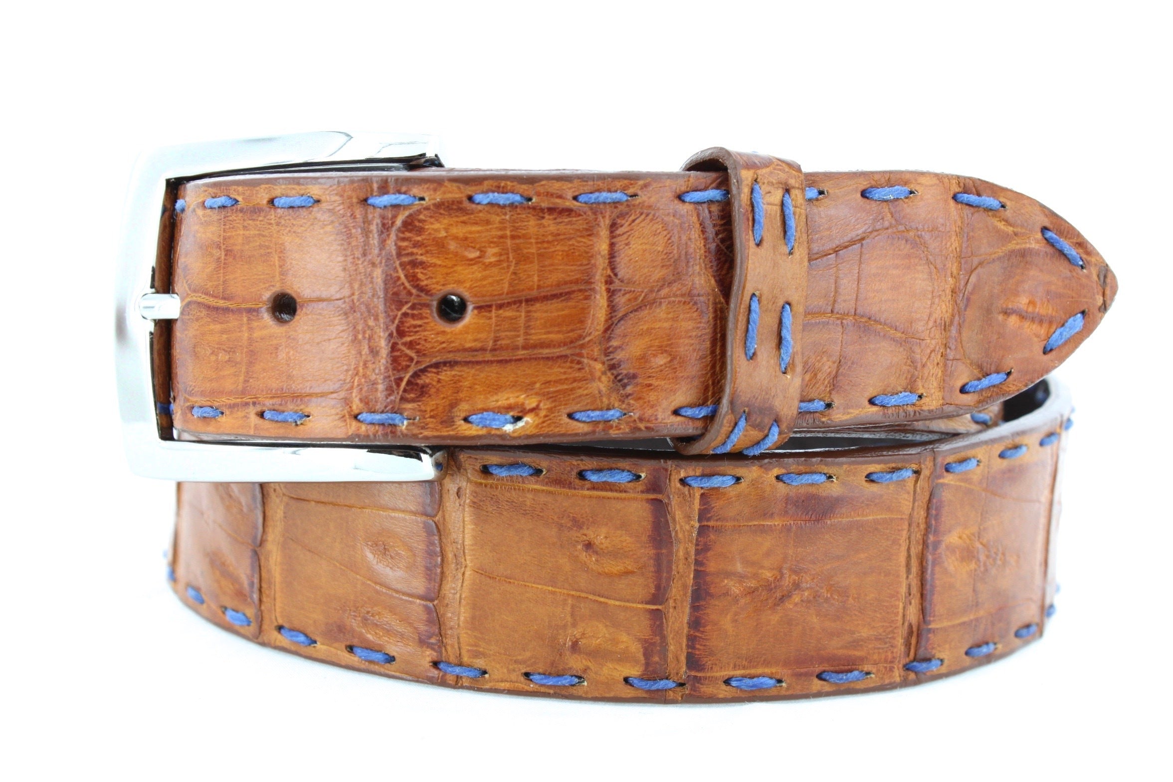 Handmade Cognac Crocodile with Cobalt Stitching – Patrick Gibbons Handmade