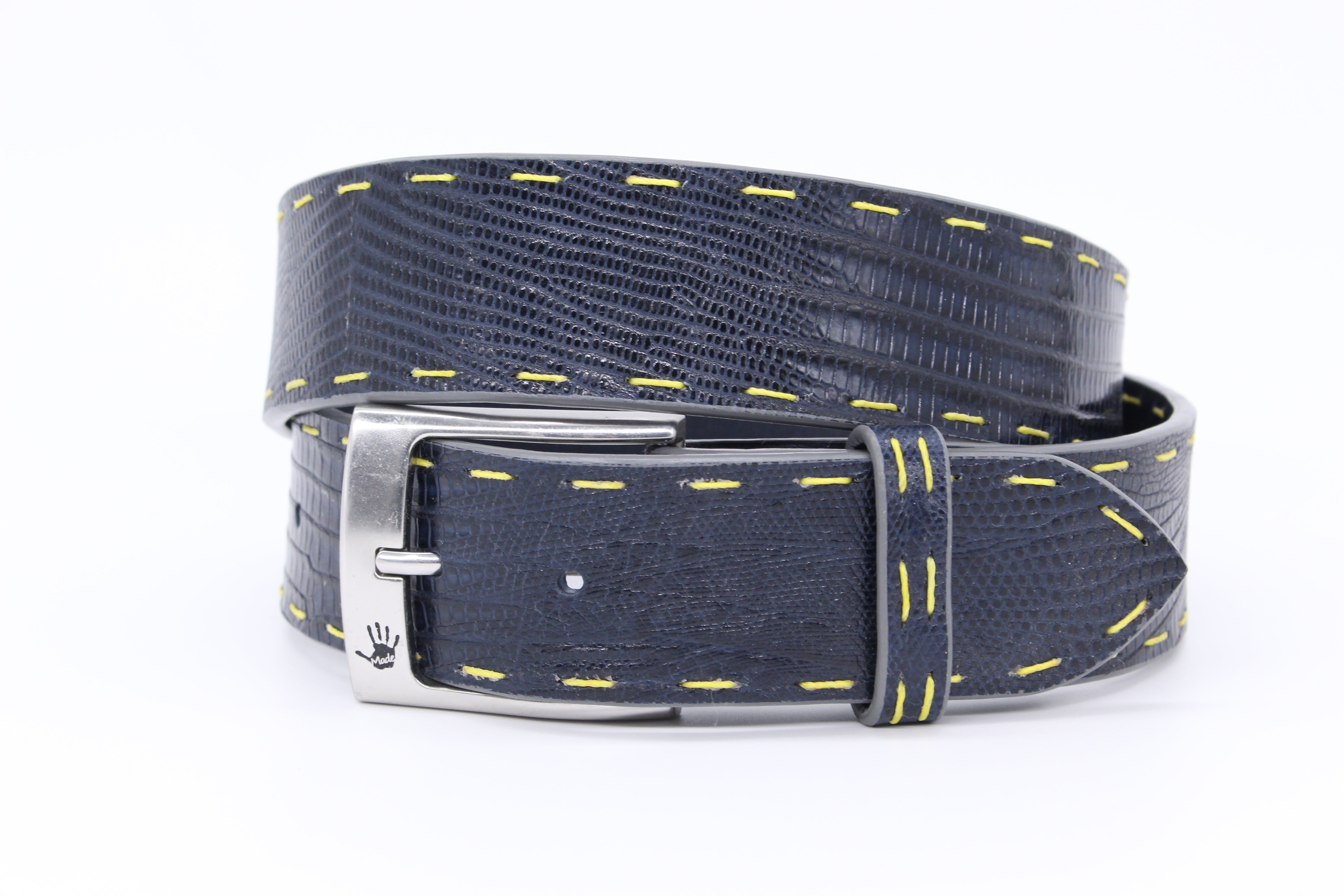 36" Navy Lizard Belt with yellow pick stitching – Patrick Gibbons Handmade