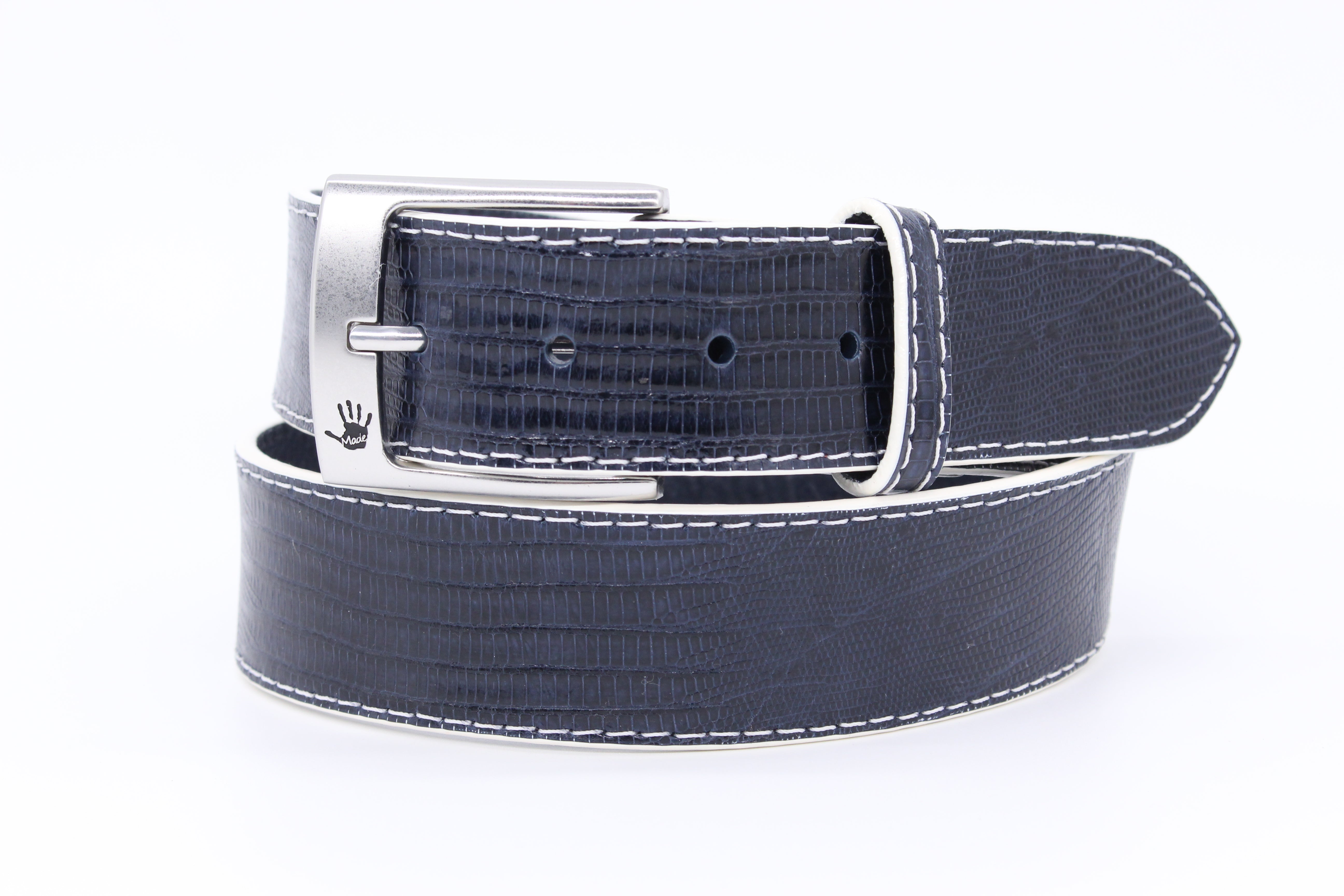 36" Navy Lizard Belt with white stitching and edges – Patrick Gibbons ...