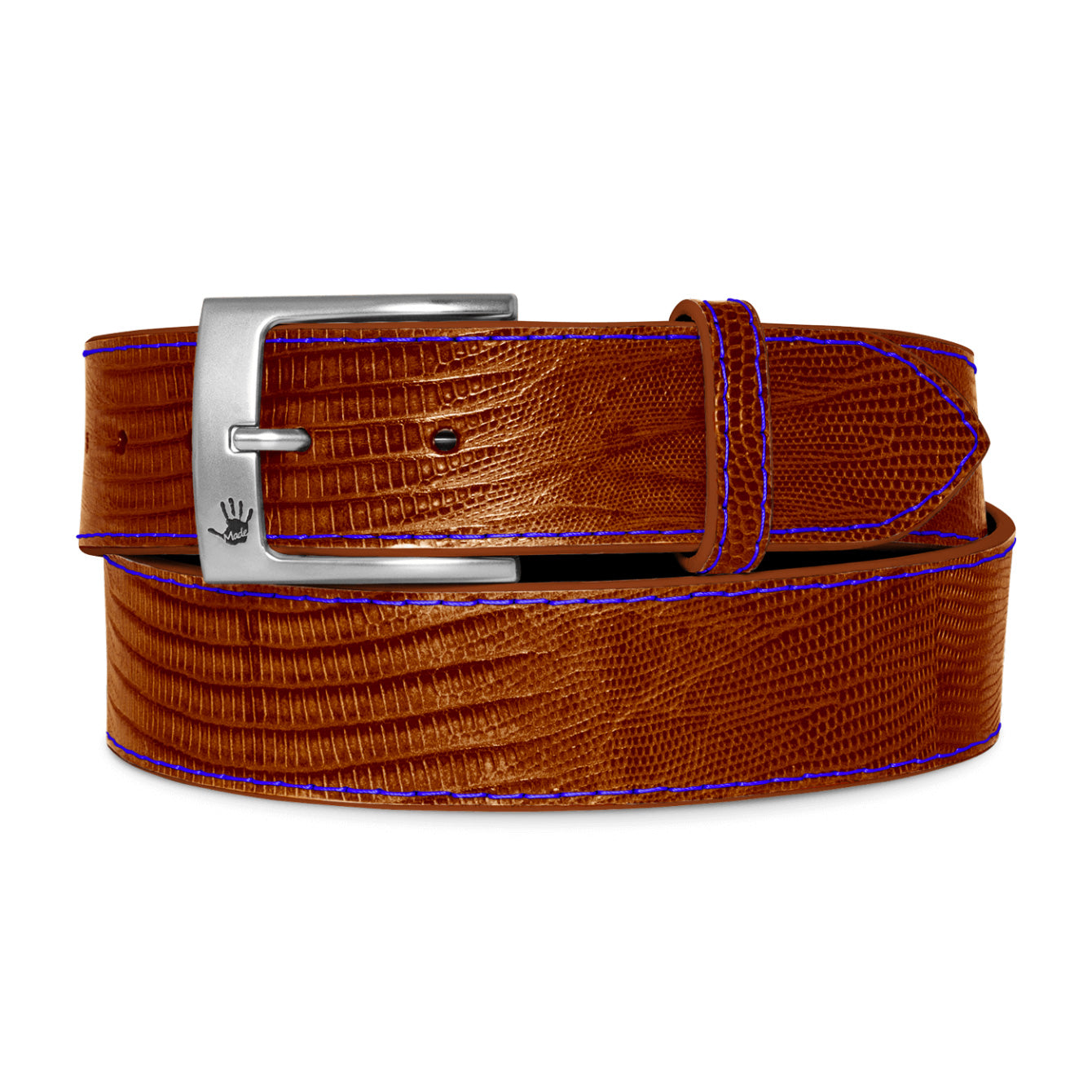 Men's Lizard Belt - Cognac - Royal Blue Stitching – Patrick Gibbons ...